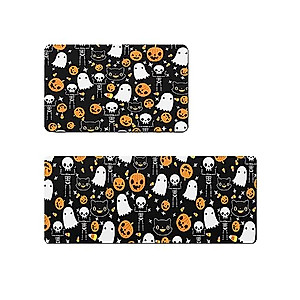 Black Halloween Bath Mat for Tub,Non Slip Bathroom Floor Runner Rug Quick Dry & Absorbent Diatomaceous Earth Shower Sink Kitchen Washable Doormat,Spooky Pumpkin Ghost Skull Cat Horror 18x30+18x48