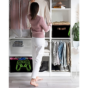 Gaming Cube Storage Organizer Bins with Handles,2-PC 15x11x9.5 Inch Collapsible Canvas Cloth Fabric Storage Basket,Green Kids Game Video Games Gamepad Controller Black Bin Boxes for Shelves