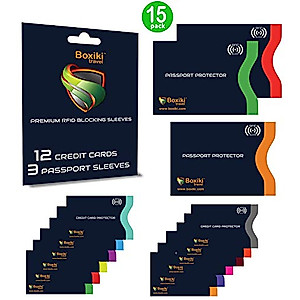 Boxiki Travel RFID Blocking Sleeves, Set with Color Coding, Navy Blue, Unisex Wallet, Protects Credit Cards and Passports