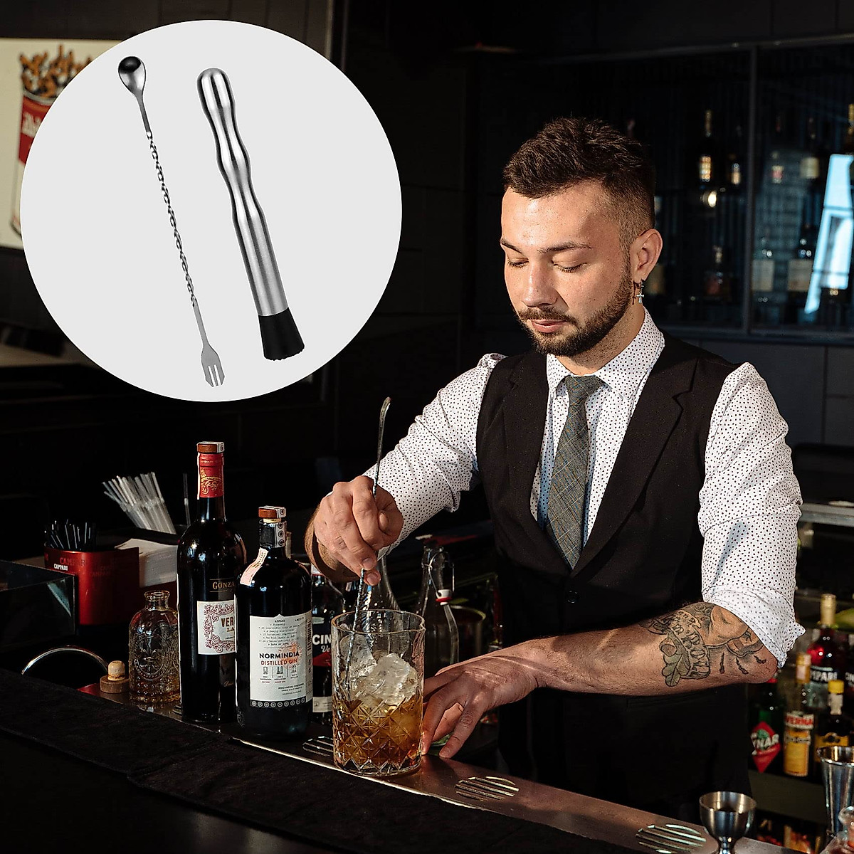 10 Inch Stainless Steel Muddler and Mixing Spoon Set for Cocktail 2 Pieces Home Bar Tool Bartender Set