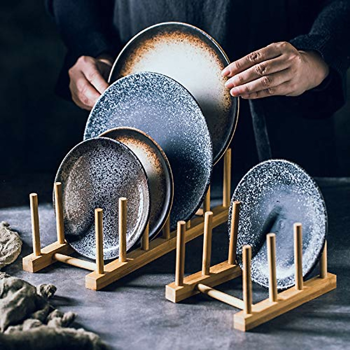 Hovico2 Pcs Bamboo Dish Rack, Kitchen Drawer Organizer, 8-Slots Bamboo Wooden Dish Rack, Book Pot Lid Cutting Board Drying Rack Stand Drainer Storage Holder Organizer