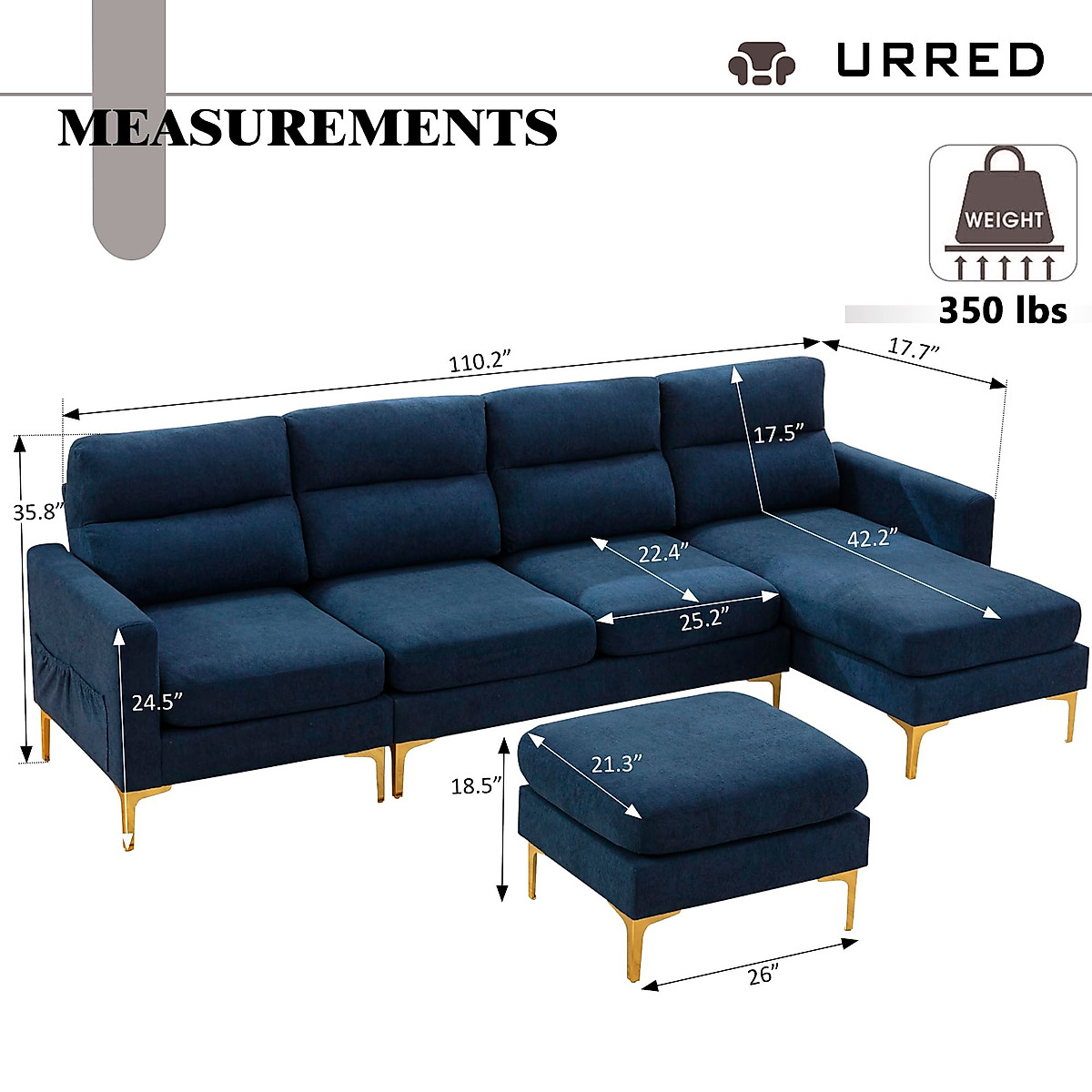 URRED Sectional Sofa Couch, 4 Seat U-Shaped Sofa Set for Living Room,Velvet Fabric Convertible Modular Sofa Sleeper with Double Chaise/Oversized Seats/Comfortable Backrest, Blue