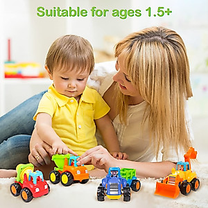 IQ Toys 4 Pack Friction Powered Cars Construction Vehicles for Toddlers, with Car Tractor, Bulldozer, Dumper and Cement Mixer Truck