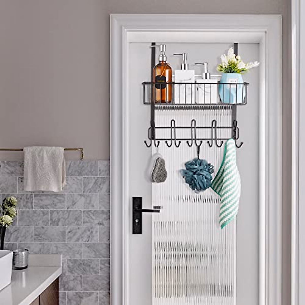 OUTNILI Over The Door Organizer Bathroom - Over Door Hanger Towel Rack with 15 Hooks & 1 Basket - Black Rustproof & Waterproof Stainless Steel Door Organizer for Bathroom Kitchen Bedroom Accessories