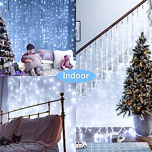 Solar Curtain Lights Outdoor Garden 300 LED Fairy String Lights 8 Modes Remote Control Waterproof Solar Waterfall Lights for Gazebo Patio Party Home Festival Wedding Wall Christmas Decorations(White)