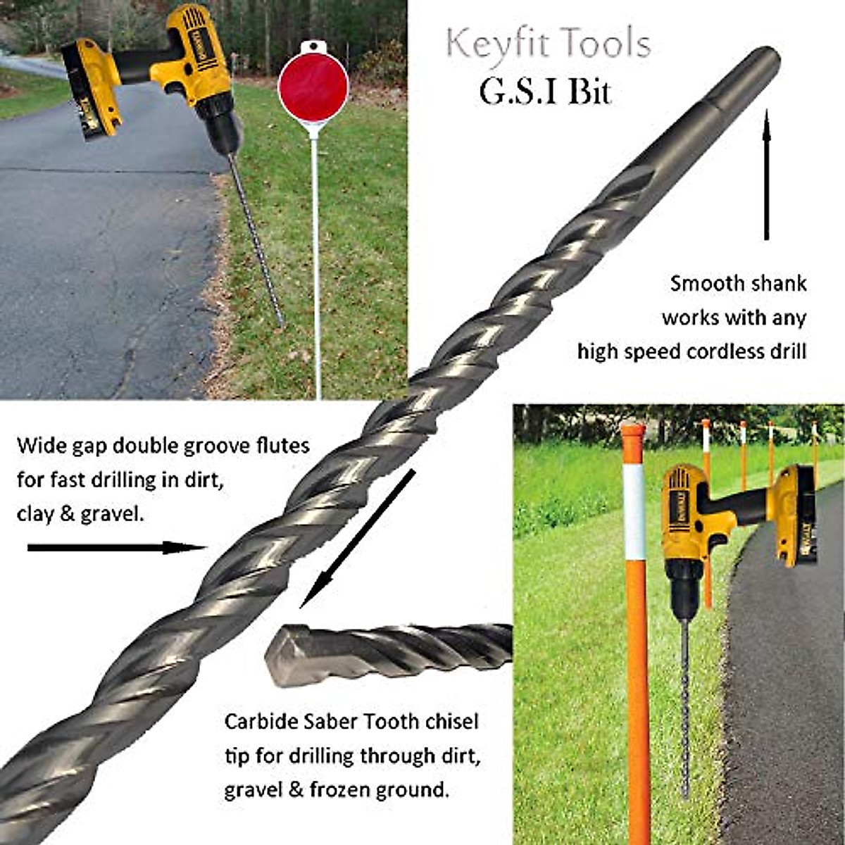Keyfit Tools G.S.I. Contractor Grade Garden Stake Installation Tool Drill Bit Fast & Easily Install Garden Stakes Even in Frozen Soil Fiberglass Plant Support Stakes Tomato Cage Rebar Steel J Hook