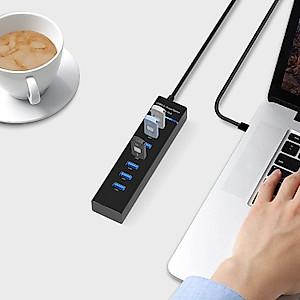 W Come Ture Data Black USB Hub Splitter 7-Port USB 3.0 Hub with 11.8 inch Long Cable Powered USB Hub for Laptop, PC, MacBook, Mac Pro, Mac Mini, iMac, Surface Pro and More