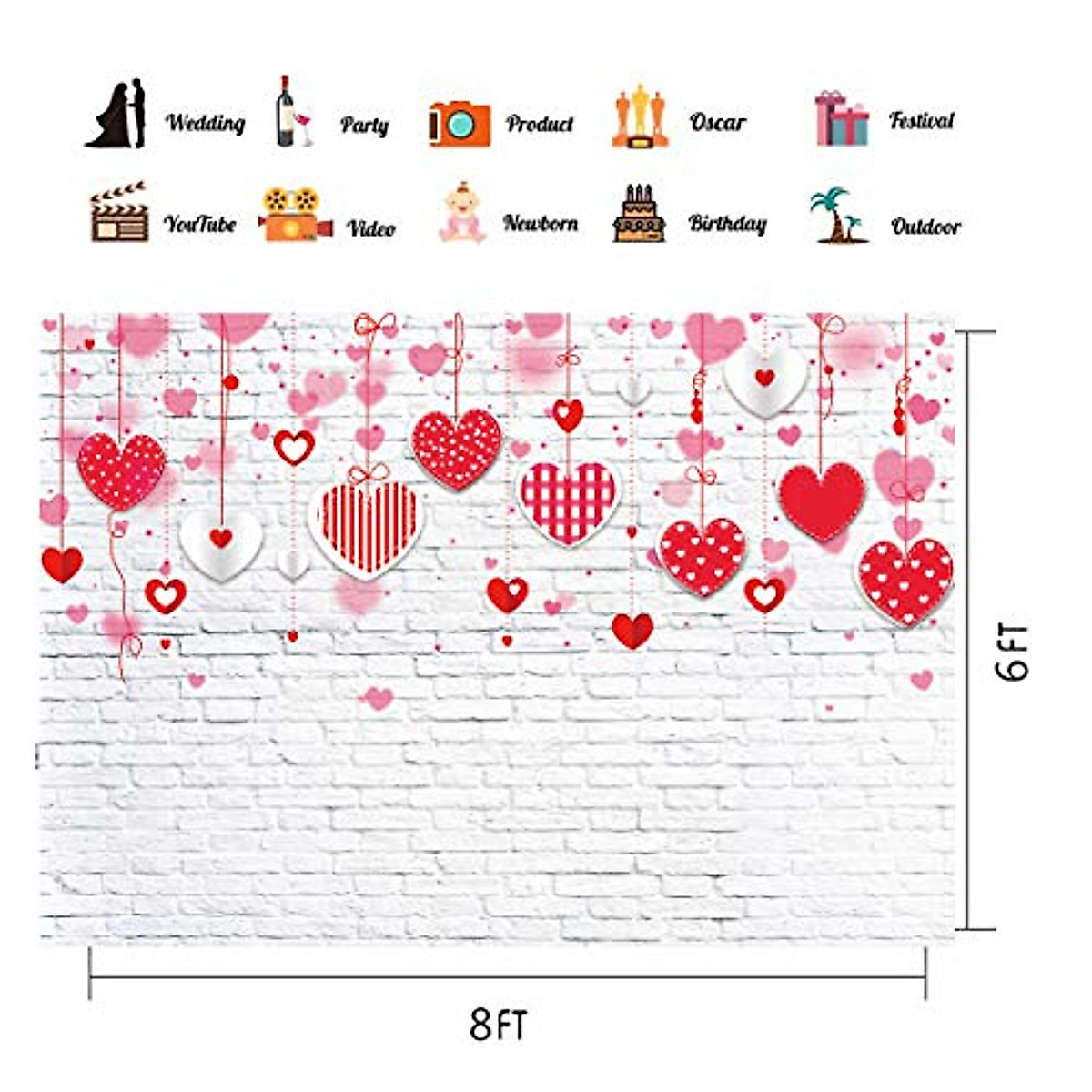 LTLYH 8x6ft Valentine's Day Backdrop White Brick Wall Red Hearts Photography Background Valentine's Day Wedding Bridal Shower Birthday Party Decor Banner Portrait 088