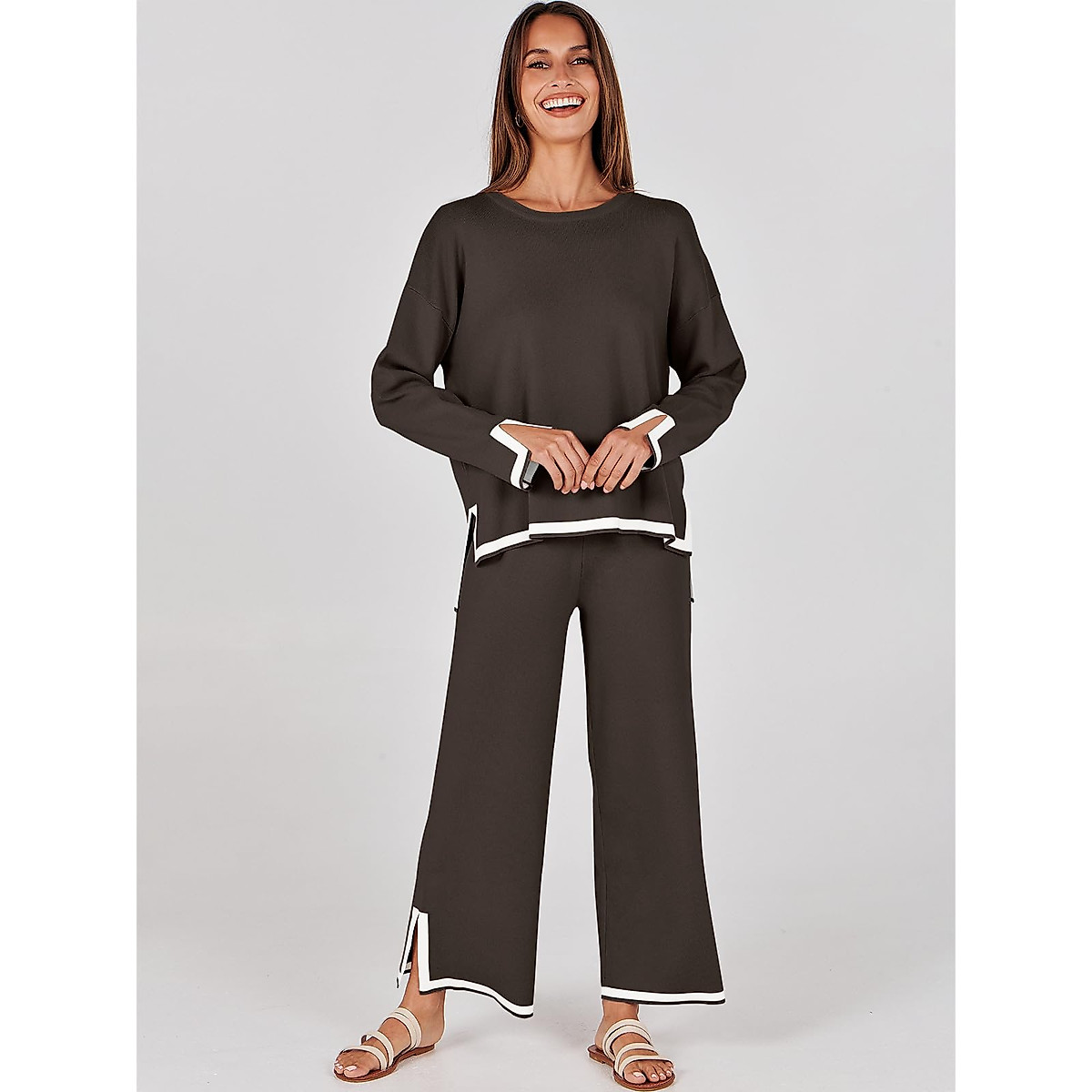 ANRABESS Women's Two Piece Outfits Long Sleeve Knit Pullover Sweater Tops & Wide leg Pants Casual Lounge Matching Sweatsuit Tracksuits Sets Coffee Large