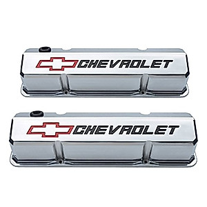 Valve Cover, Slant-Edge, Tall, Baffled, Breather Hole, Recessed Chevrolet Bowtie Logo, Aluminum, Polished, Small Block Chevy, Pair