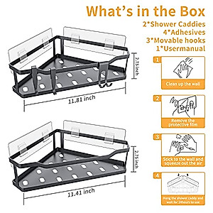 WCOLUE 2 Pack Corner Shower Caddy, No Drilling Shower Organizer Shelves with 3 hooks and 4 Back Traceless Adhesive, SUS304 Stainless Steel Black Shower Shelf for Bathroom, Dorm, Toilet, Kitchen