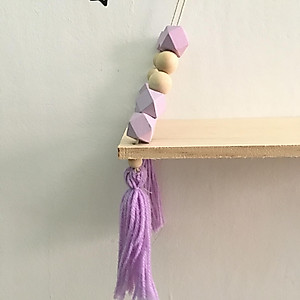 DEERWIN Hanging Shelf for Wall, Wood Hanging Shelves with Beads Tassels Boho Decor Swing Rope Rustic Floating Shelf，Wall Display Shelving Home Organizer Rack for Living Room Bedroom Kitchen (Purple)