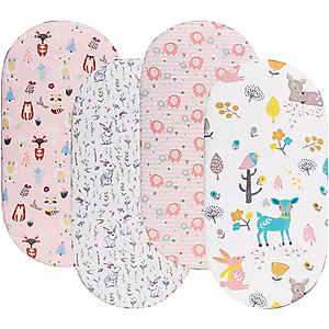 Bassinet Sheets for Baby Boy and Girl, Stretchy Breathable Fitted Sheet Universal for Bassinet Cradle Hourglass Oval Rectangle Pad/Mattress, 4 Pack Deer, Elephant, Rabbit and Squirrel Printing