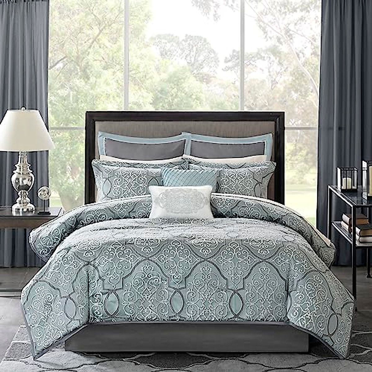 Madison Park Lavine Cozy Bed in a Bag Comforter Set, Traditional Luxe Jacquard Design All Season Down Alternative Bedding with Cotton Bed Sheets, Bed Skirt & Pillows, King Blue 12 Piece