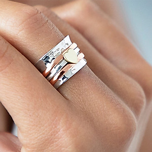 Self Love Fidget Heart Ring for Women, Spinner Silver Reduces Anxiety Wide Band Rings Birthday Gift with Card Jewelry