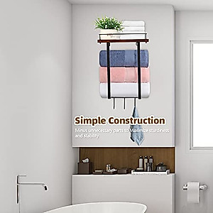 Towel Rack Wall Mounted for Bathroom Decor, Metal Towel Holders with Wooden Shelf and 3 Hooks, for Large Rolled Towels, Hand Towels, Washcloths, Towel Storage, for RV, Small Bathroom Organizer