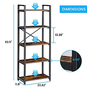 Acovy 5 Tier Bookshelf Rustic Industrial Style, Storage Shelves, Metal Book Shelves Bookcase Book Shelf Display Shelf for Home Office, Living Room, Bedroom, Kitchen (23.6" W, Brown)