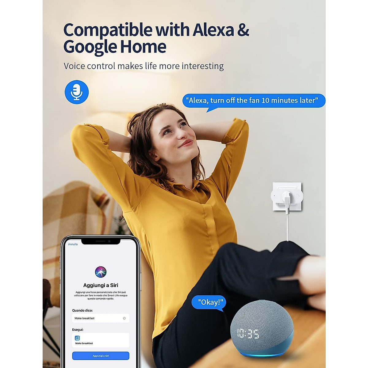 Smart Plug 15A, Smart Home WiFi Outlet, with Energy Monitoring, Works with Siri, Alexa, Google Home Nest Hub and Smartthings, No Hub Required, 2.4GHz WiFi Required(2 Pack)