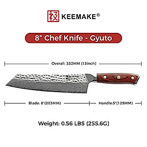 KEEMAKE Chef Knife 8 inch, Kiritsuke knife with Hammered Damascus Steel Blade Kitchen Knife, Japanese Gyutou knife with Pakkawood Handle Chopping Knife, Meat Cutting Knife With Walnut Sheath