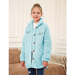 Haloumoning Girls Fuzzy Fleece Jacket Casual Button Down Sherpa Overcoat Faux Fur Jackets Outwear 4-15 Years