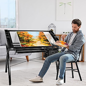 Clevich Glass Tabletop Drafting Table, Drawing Desk w/2 Drawers and Side Tray, 0-65°Angle Adjustable Versatile Art Craft Station, Craft Table w/Sturdy Metal Frame, for Artists Painters Student