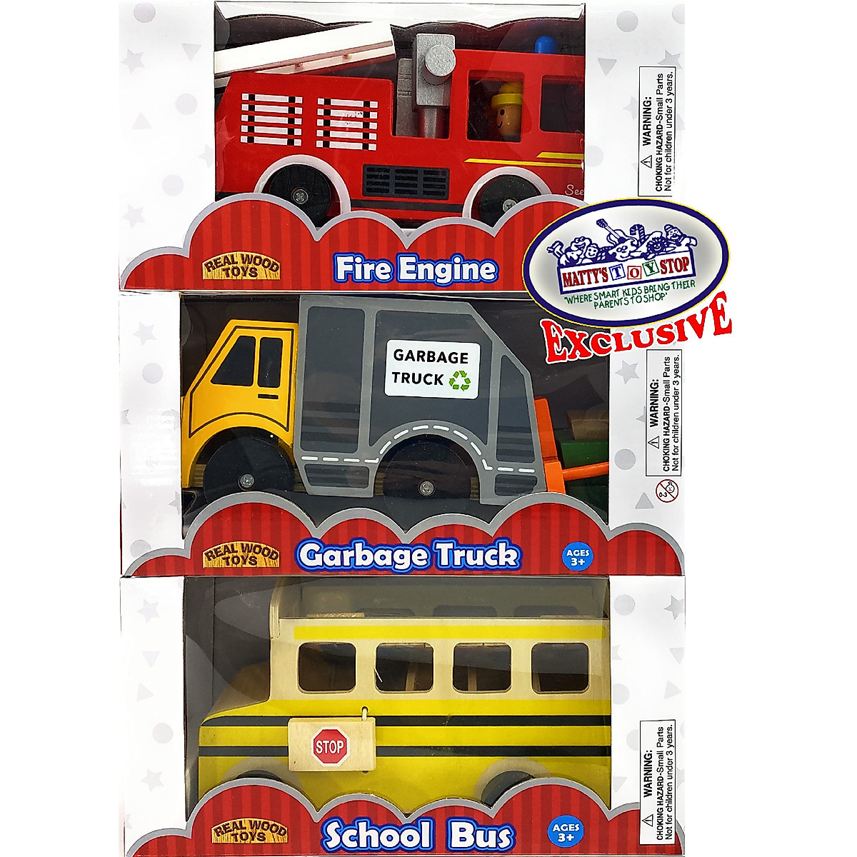 Matty's Toy Stop Deluxe Wooden Vehicle Set Featuring a School Bus (with 5 Play Figures), Fire Engine (Fire Truck) and Garbage Truck Gift Set Bundle - 3 Pack