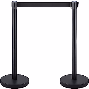 VEVOR Crowd Control Stanchion Set, Stanchion Set with 6.6 ft/2 m Black Retractable Belt, Black Crowd Control Barrier w/Concrete and Metal Base - Easy Connect Assembly (4)