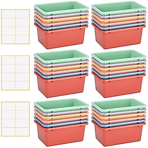 Outus 36 Pcs 11.6 x 7.7 Inch Macaron Color Plastic Cubby Bins with Labels Classroom Stacking Bins Storage Container Book Bins for Classroom Preschool Office Home Organizer, 6 Colors