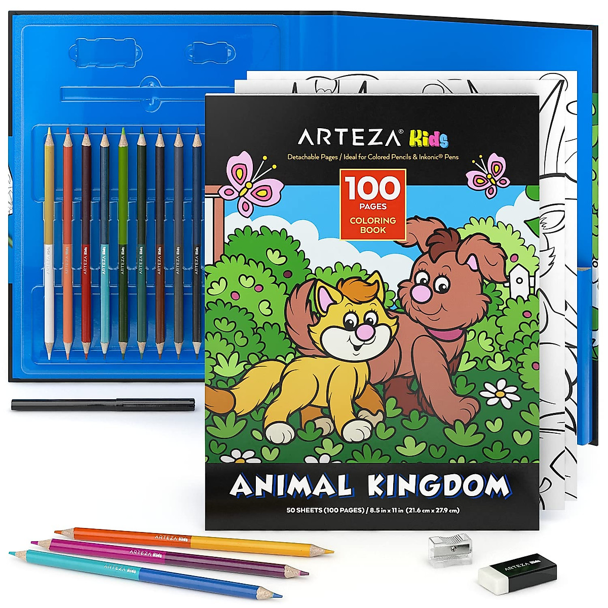 ARTEZA Kids Coloring Book and Colored Pencils Kit, Animal Kingdom Illustrations, 50 Double-Sided Sheets, 100lb Paper