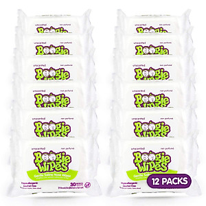 Saline Nose Wipes by Boogie, for Baby & Kids, Face, Hand & Body, FSA/HSA Eligible, Made with Vitamin E, Aloe, and Natural Saline, Unscented, 30 Count (Pack of 12)