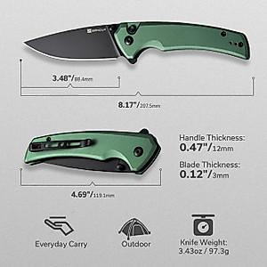 SENCUT Button Lock Pocket Knife for EDC, Serene Folding Knife, Thumb Stud & Flipper Opener, Aluminum Handle with 3.48" D2 Black Blade for Outdoor, Camping, Hunting S21022B-5 (Green)