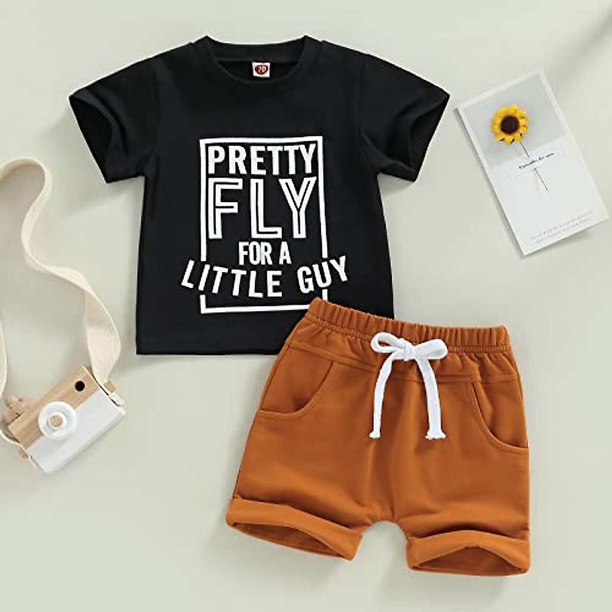 Infant Baby Boys Summer Clothes Sets Outfits Letter Print Short Sleeve T-Shirt and Stretch Casual Rolled Shorts Set (Black, 18-24 Months)
