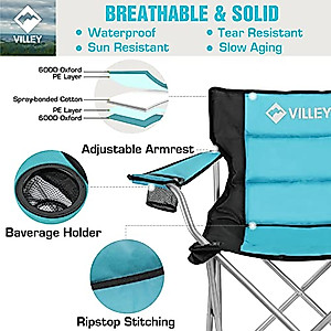 VILLEY Camping Chairs, Padded Folding Chair, Outdoor Portable High Camp Chair, Foldable Outside Arm Chair with Cup Holder & Carry Bag, Blue