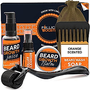 FOLLICLE BOOSTER Complete Beard Growth Kit - 6 in 1 - Coverup Your Patchy Beard in 12 Weeks - Roller, Serum Oil (1oz), Balm (1oz), Wash Soap, Cleanser and Comb
