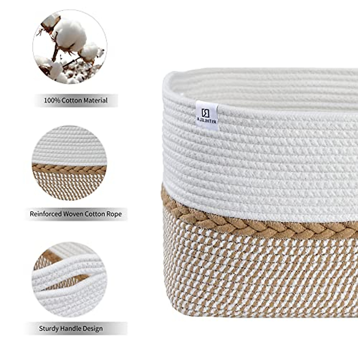 RITHLELA Woven Baskets 15"x10"x9" Cotton Rope Cube Storage Baskets Set of 3 Decorative Baskets Closet Cloth Storage Baskets and Bins for Shelves with Handles for Blanket, Laundry, Clothes - Light Tan