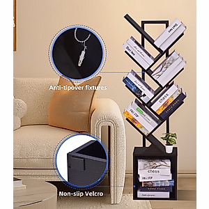 YSVCO 7 Tier Tree Bookshelf, Tall Narrow Wood Book Shelf, Freestanding Bookcase with Storage Cabinet, Floor Standing Display Storage Shelf for CD/Book, Living Room, Home Office Black BS36BS