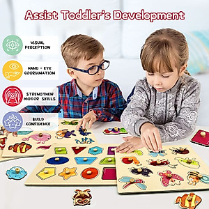 Wooden Peg Puzzles for Toddlers, 4 Pack Toddler Puzzles Set with Wooden Knobs, Preschool Learning Educational Animals Shapes Insects Pegged Puzzle Toys for 2 3 Year Old (Style 1)