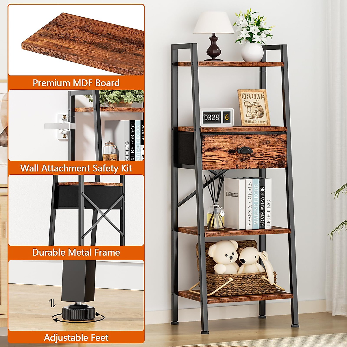 Furologee 4 Tier Ladder Shelf, Narrow Ladder Book Shelf with Drawer, Modern Bookcase Freestanding Shelf Units, Storage Shelves Organizer for Bedroom, Living Room, Bathroom, Home Office, Rustic Brown