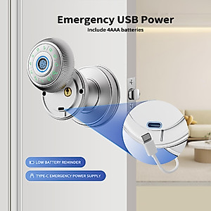 Fingerprint Door Lock,Smart Door Knob,biometric lock, keypad entry,keyless handle.Ideal for bedroom,home,hotel,office,apartment.Enhances security & convenience. (Silvery)