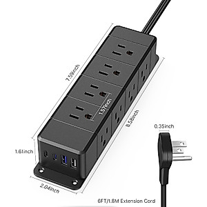 30W USB C Power Strip Surge Protector,Ultra Thin Flat Plug Power Strip 4 Side 12 Outlets,1 PD Fast Charing,2 USB-C, 2 USB-A(4 USB Total 40W),6ft Slim Extension Cord,16 in 1 Desk Power Bar,1200J Black
