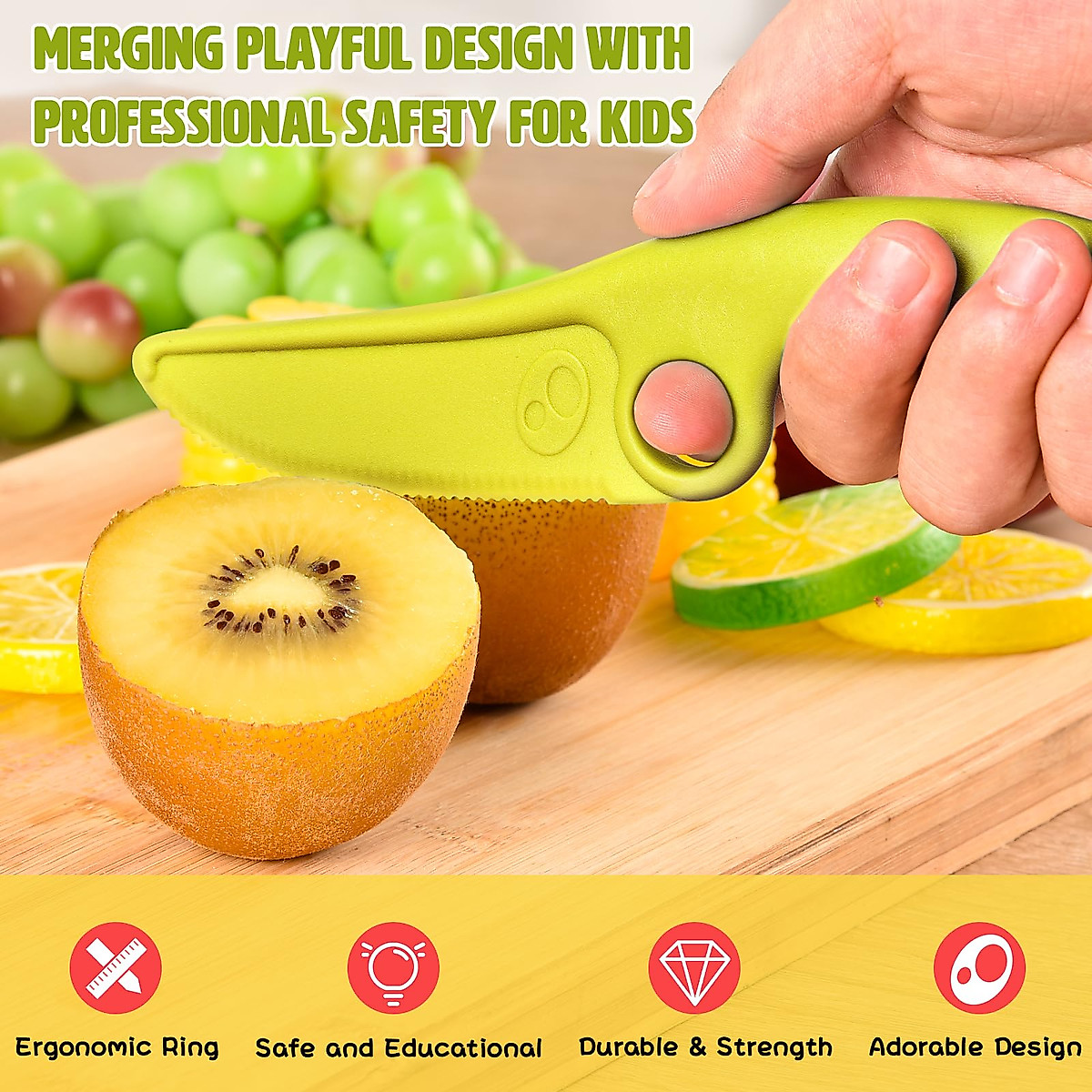 ZLemma Toddler Learning Knife with Educational Ring for Real Cooking, Adorable Dog Design, Safe Serrated Edge for Cutting Training, and Premium Nylon Material Blade, Mint Blue