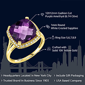 Gem Stone King 10K Yellow Gold Purple Amethyst and White Created Sapphire Ring For Women (6.74 Cttw, Cushion Cut 12MM, Gemstone Birthstone, Available 5,6,7,8,9) (Size 6)