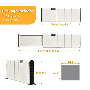 JONYJ Drawer Dividers Organizer 5 Pack, Adjustable Separators with 10 Inserts 4" High Expandable from 11-17" for Bedroom, Bathroom, Closet, Clothing, Office, Kitchen, Strong Secure Hold, Ivory