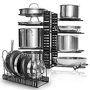 GeekDigg Pot Rack Organizer For Cabinet or Countertop, 3 DIY Methods Pot Rack, Height and Position are Adjustable 8+ Pots and Pan Lid Holder, Black Metal Kitchen Pantry Organizer Upgraded Version