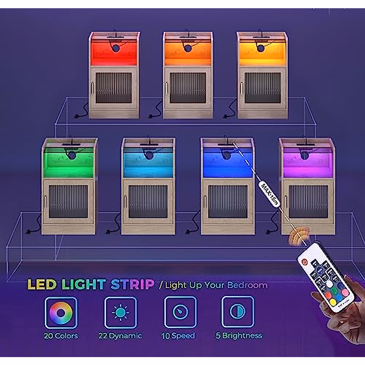 Small Nightstand with Power Outlet and LED Lights, Side End Table with Storage Cabinet, Modern Bedside Table for Bedroom, Living Room (Natural)