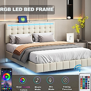 BIADNBZ Queen Size Floating Bed with LED Lights and USB Charging,Modern PU Leather Upholstered Low Platform Bedframe with Headboard for Bedroom Guest Room,Wooden Slat Support,Beige