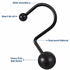 TOPROD Shower Curtain Hooks Rings, Classic Decorative Heavy Duty Shower Ball Hooks Rust Proof, Shower Rings Hangers for Bathroom Shower Curtain Rods Curtains, Free Gliding, Set of 12, Matte Black