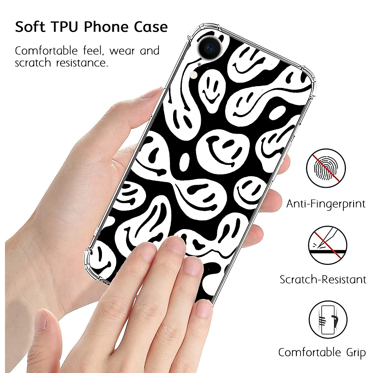 Fisgerod Black and White Smiley Face iPhone Case for iPhone XR, Trippy Aesthetic Melting Case for Girls Boys Women Men, Unique Trendy TPU Bumper Cover Case for iPhone XR, Black White