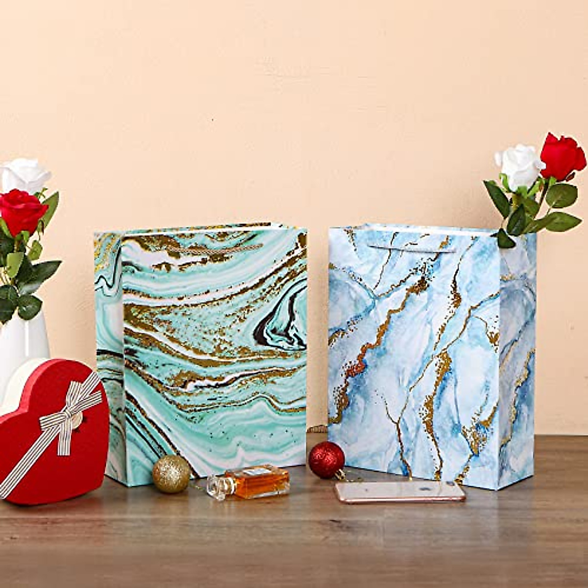 Lancool Gift Bags, 12 Pack 12.6x10.2x3.9 Inch Gift Bags Medium Size, Gift Bag Large Size, 4 Assorted Designs Foil Gift Bags for Monther's Day, Baby Shower, Birthday, Wedding, Party Favors