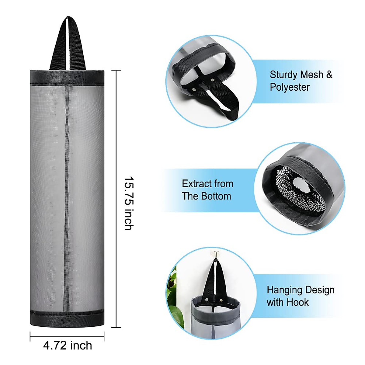 LINEVI Bag Holder for Plastic Bags, 4 Pcs Polyester Grocery Bag Holder Plastic Dispenser Foldable Breathable Washable Hanging Mesh Garbage Bag Organizer for Kitchen Plastic Bag Storage